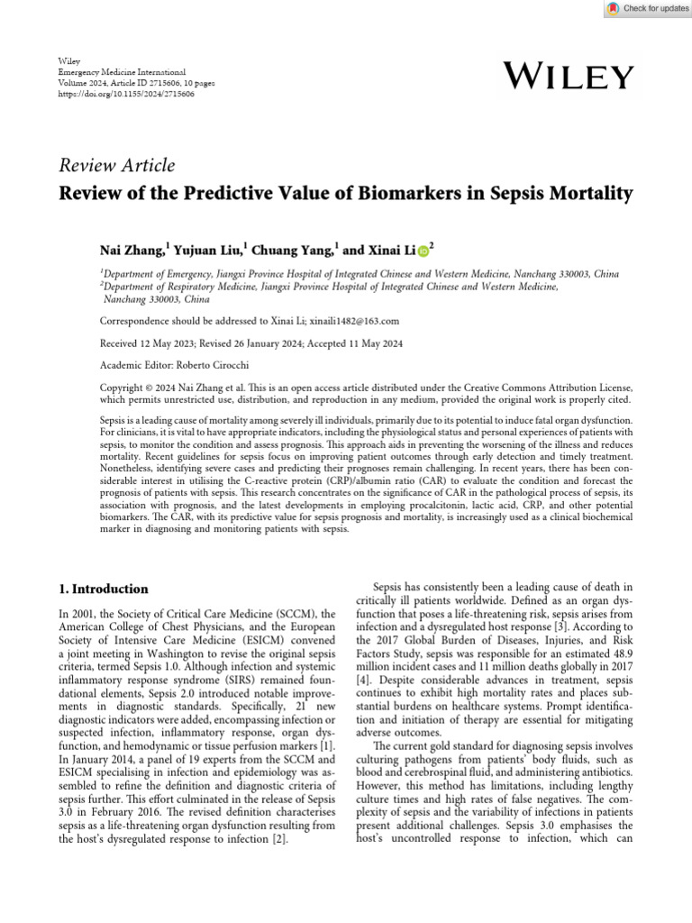 Review of The Predictive Value of Biomarkers in Sepsis Mortality | PDF ...
