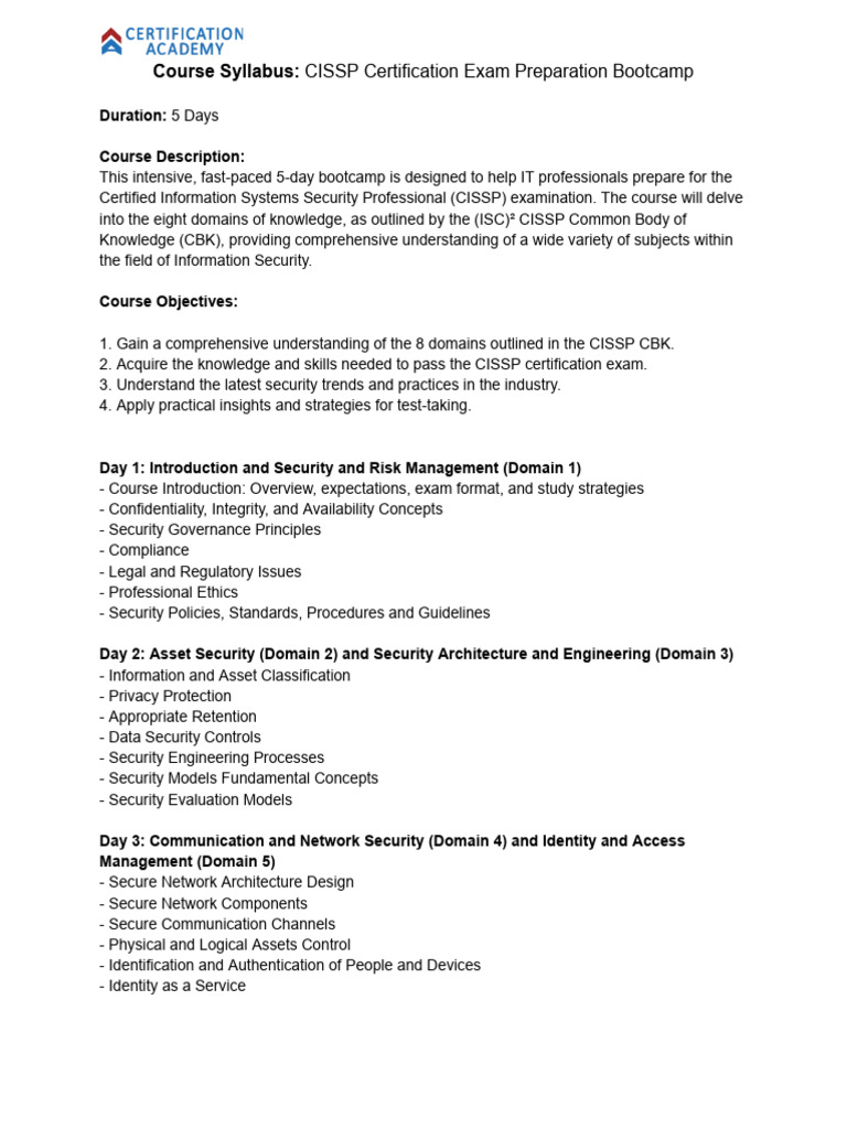 Cissp Course Outline Download Free Pdf Information Security Computer Security
