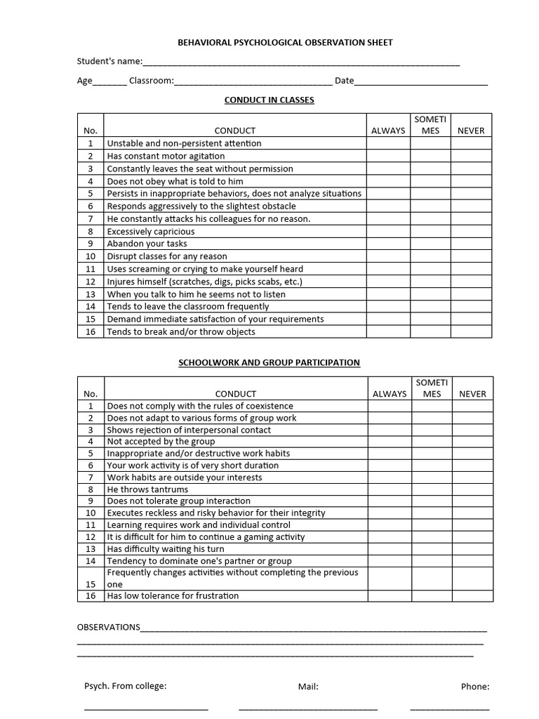 Behavioral Psychological Observation Sheet | Download Free PDF | Cognition | Human Development