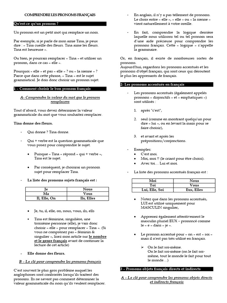 Comprendre les pronoms en français | PDF | Pronom | Genre grammatical