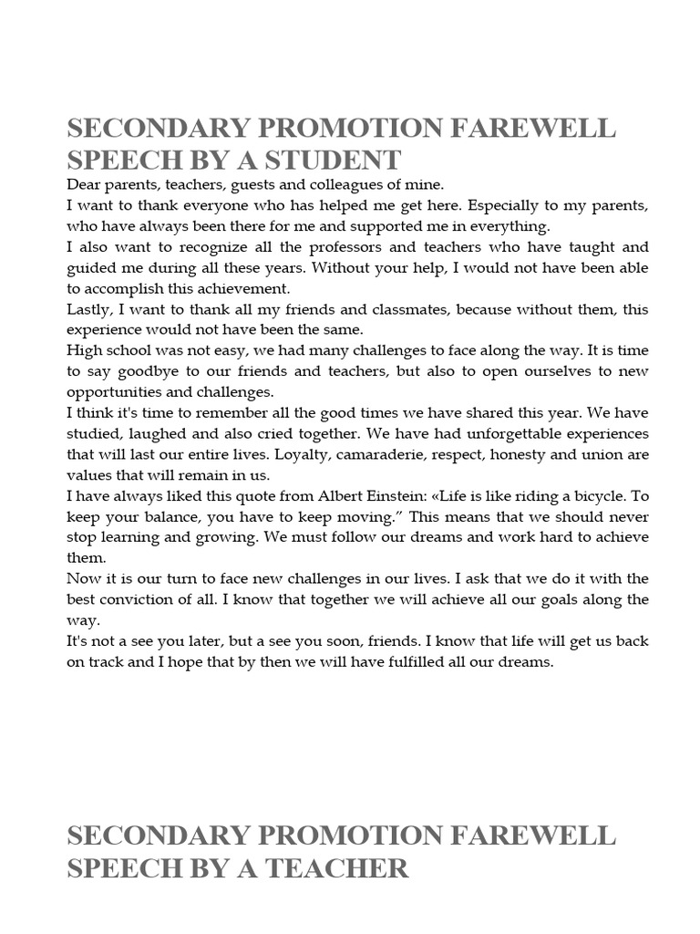 Secondary Promotion Farewell Speech | PDF | Teachers