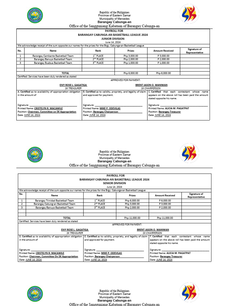 Payroll For Basketball Prizes | PDF
