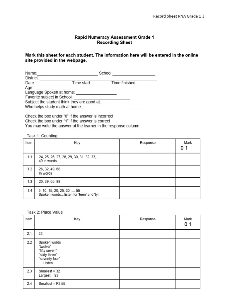 Record Sheet Numeracy Grade 1 | PDF | Cognition | Learning