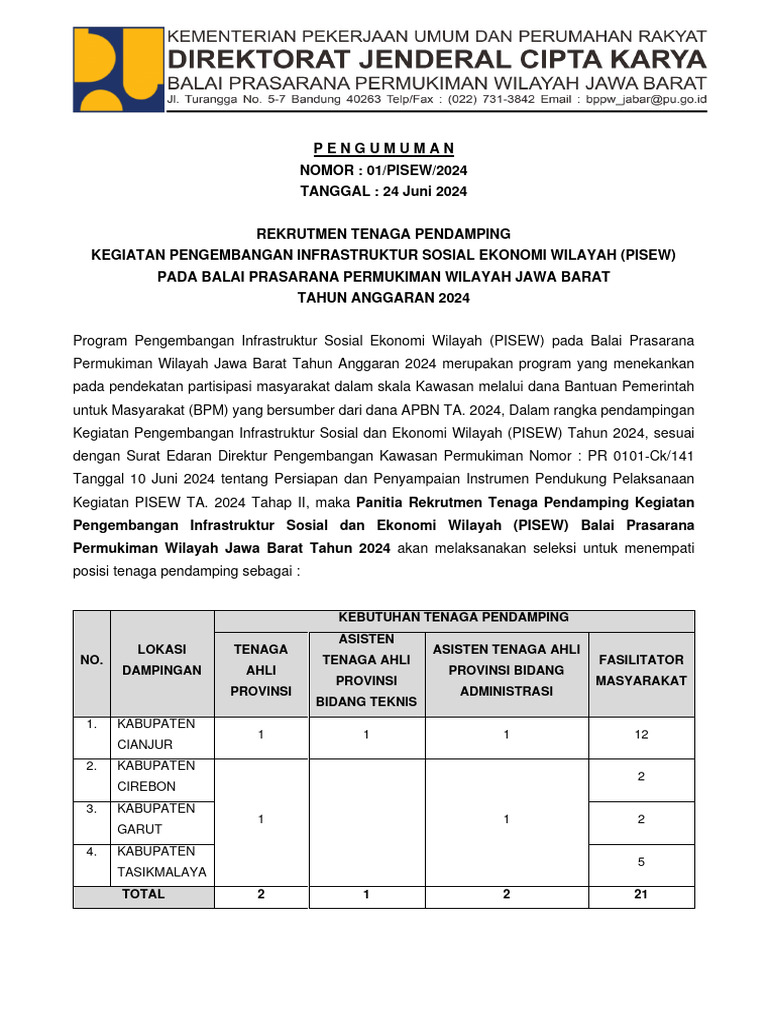 Pengumuman Rekrutmen Tenaga Pendamping Kegiatan PISEW TA 2024 | PDF Pengumuman Rekrutmen Tenaga Pendamping Kegiatan PISEW TA 2024 | PDF