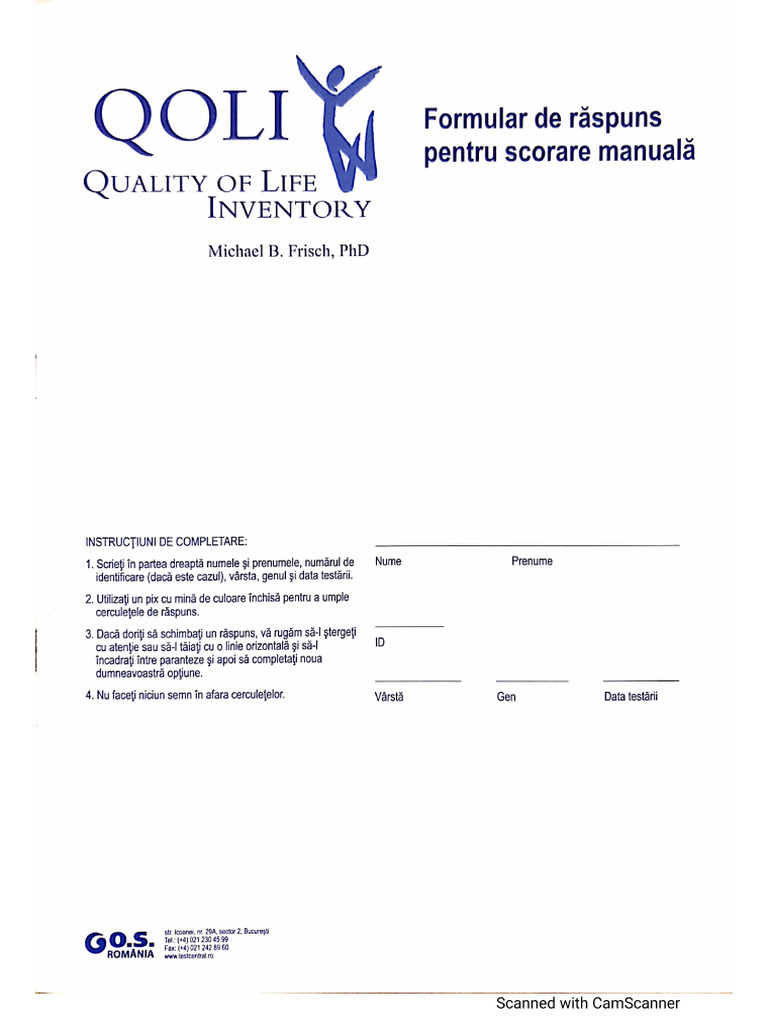 Formular Răspuns Și Foaie Scorare QOLI | PDF