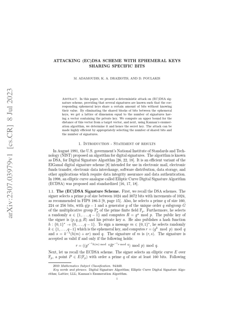 Attacking ECDSA Scheme With Ephemeral Keys Sharing | PDF | Applied Mathematics | Mathematics