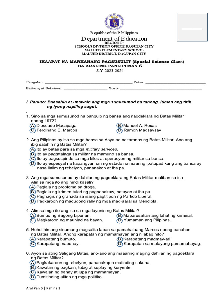Aral Pan 6 - TQ - Q4-Sses-2024 | PDF