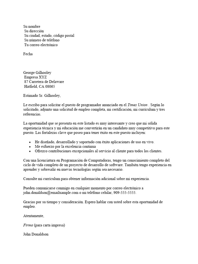 Carta de Presentación para Solicitud de Empleo | PDF | Software de la ...