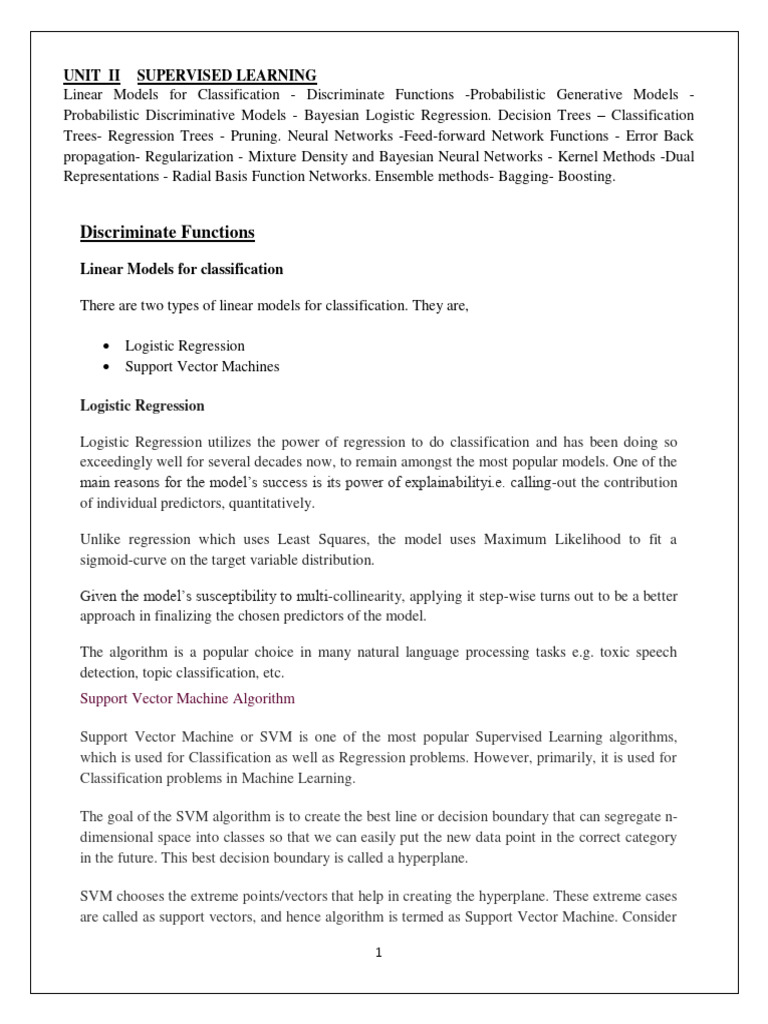 U20cs604 Machine Learning Unit II | PDF | Support Vector Machine ...