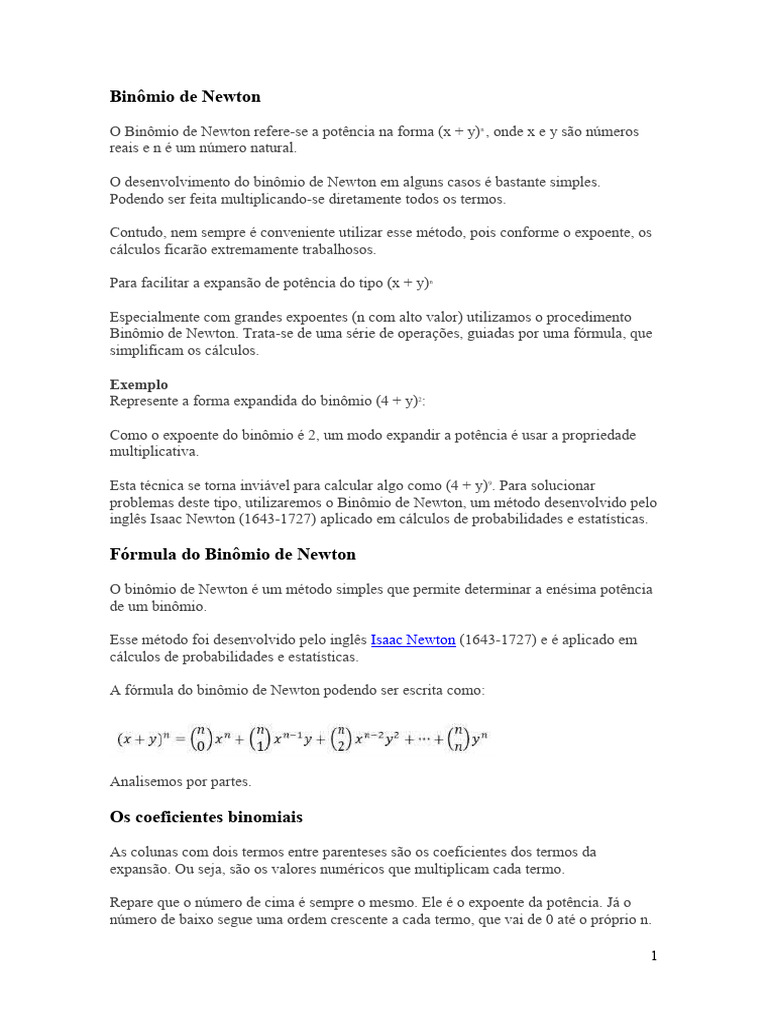 Binômio de Newton | PDF | Exponenciação | Conjunto (Matemática)