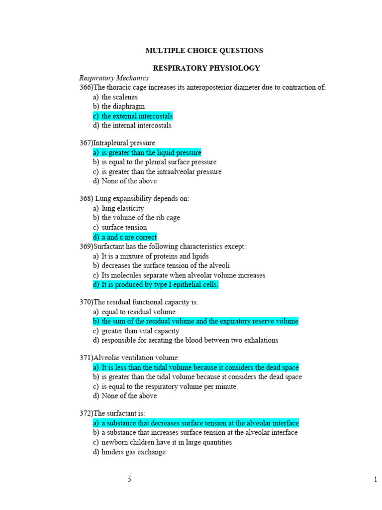 Respiratory Physiology Question Bank | PDF | Respiratory System | Breathing