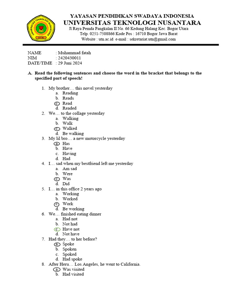 SOAL-b.inggris+Jawaban M FATAH | PDF | Linguistics | Grammar