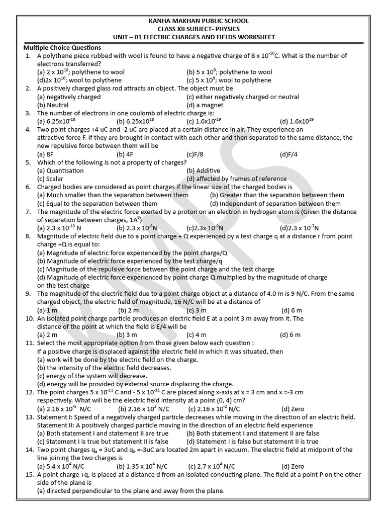 Class 12 Physics Worksheet | Download Free PDF | Electric Field ...