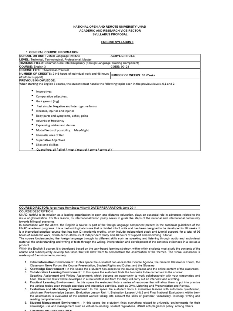 English Syllabus B1 - UNAD | PDF | Evaluation | English Language