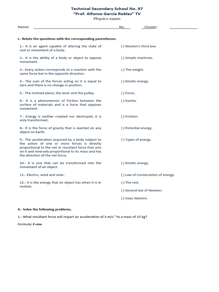Second Bimester Physics Exam | PDF | Force | Newton's Laws Of Motion