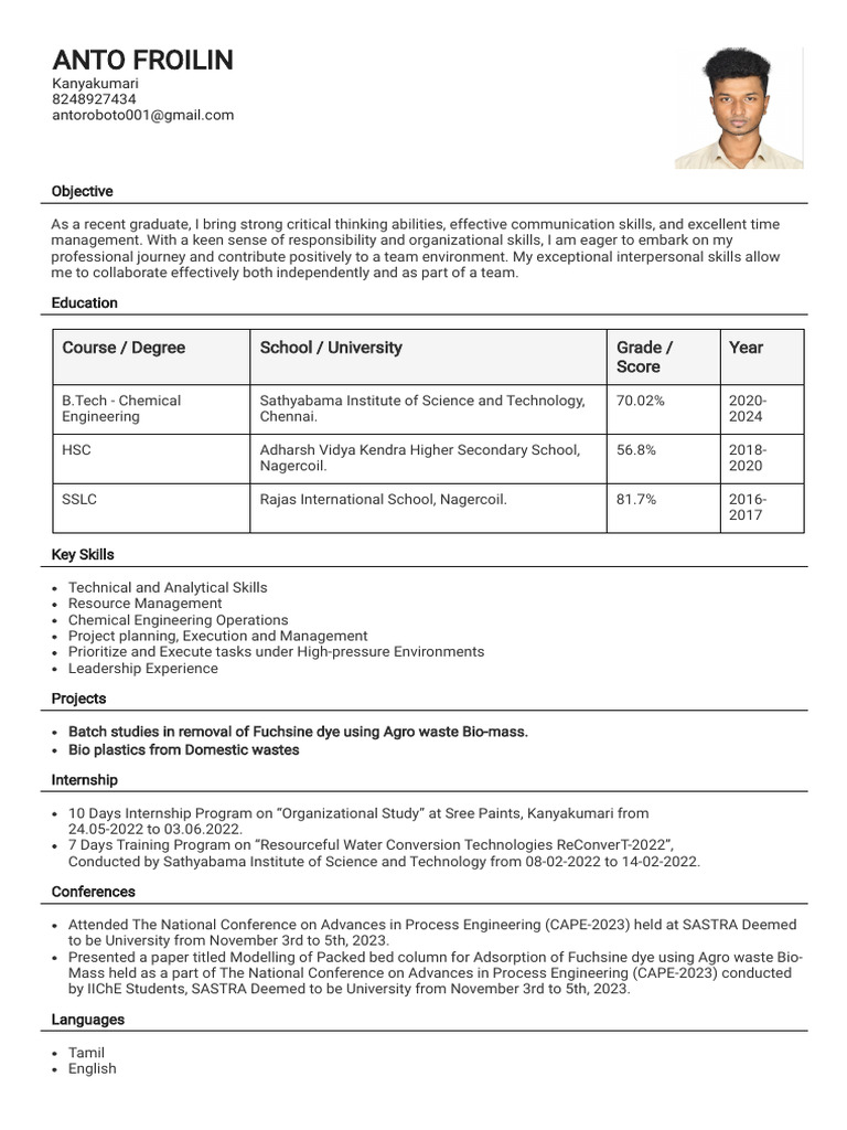 Recent Chemical Engineering Graduate Resume | PDF | Engineering