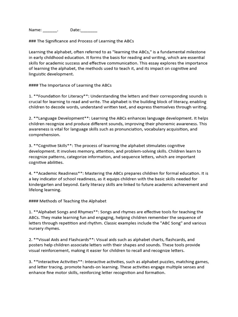 Essay The Importance Learning ABC | PDF | Literacy | Linguistics