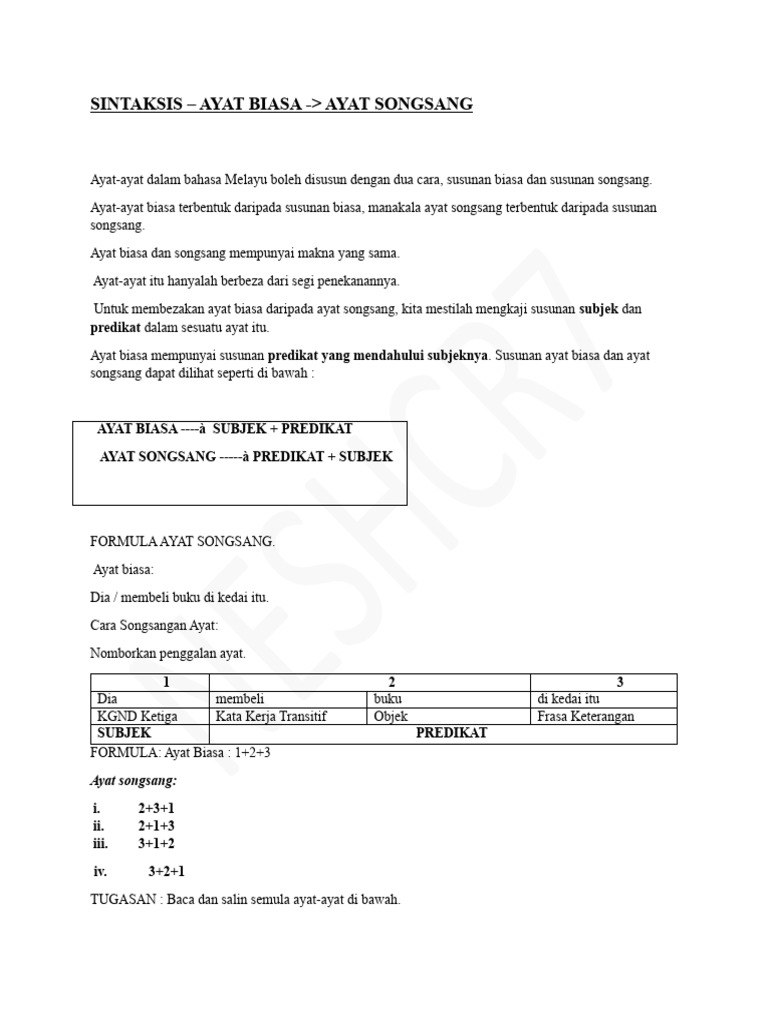 Nota Dan Latihan Ayat Biasa - Songsang | PDF