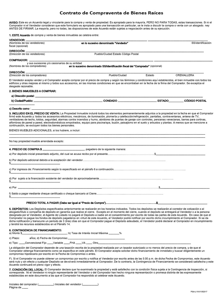 Contrato de Compraventa de Bienes Raíces: PSA-L-V6-01052017 | Descargar gratis PDF | Derecho ...