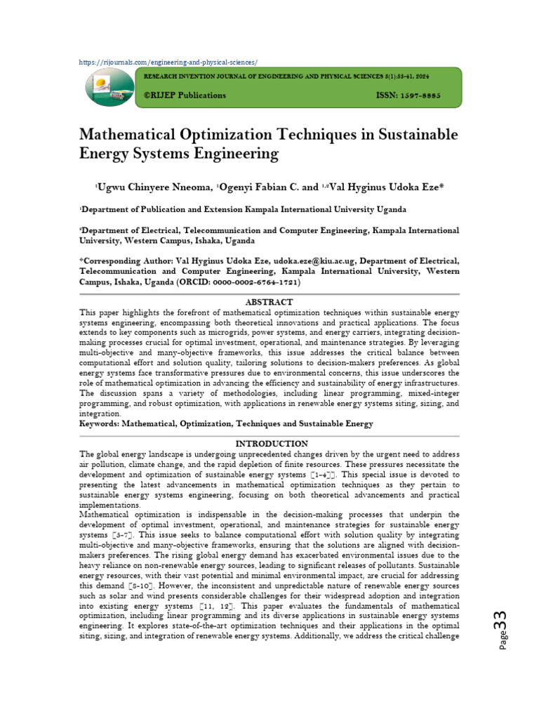Mathematical Optimization Techniques in Sustainable Energy Systems Engineering | PDF ...