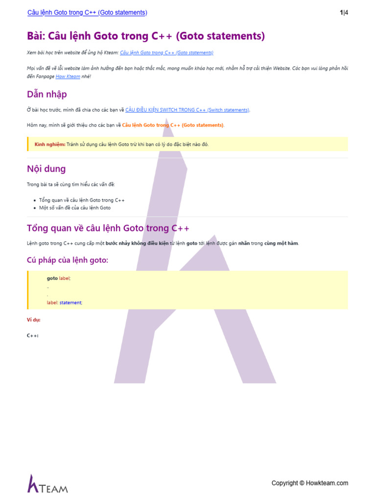 Howkteamvn Câu Lệnh Goto Trong C Goto Statements Pdf 