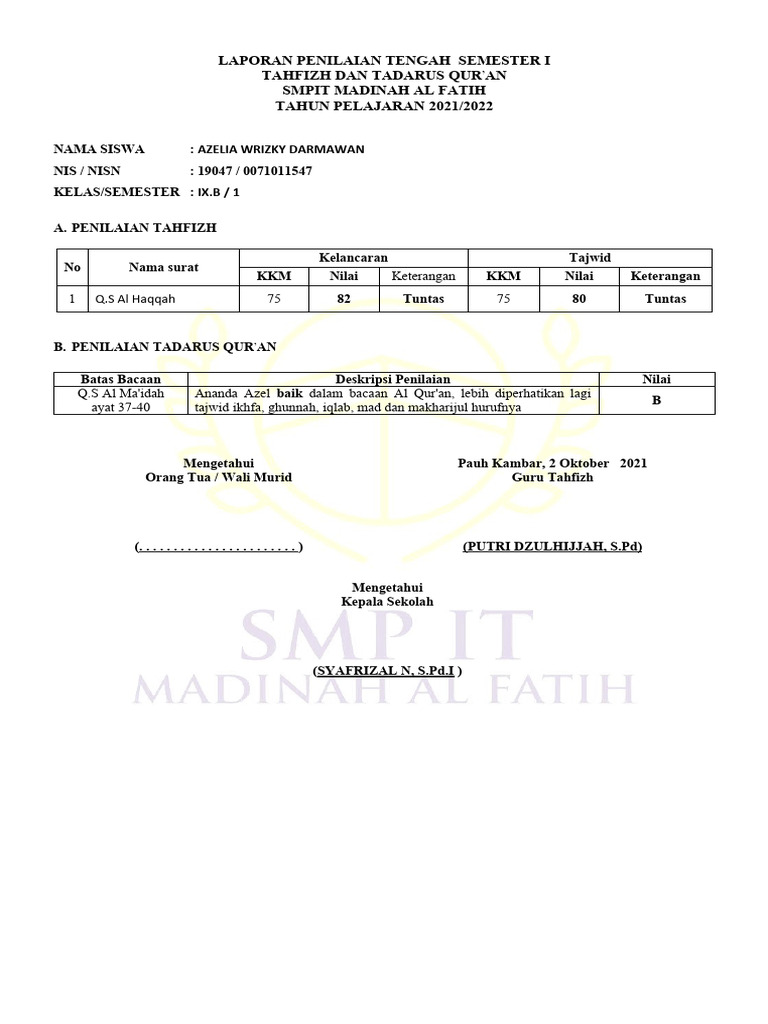 Raport Tahfizh 9 PTS 1 | PDF