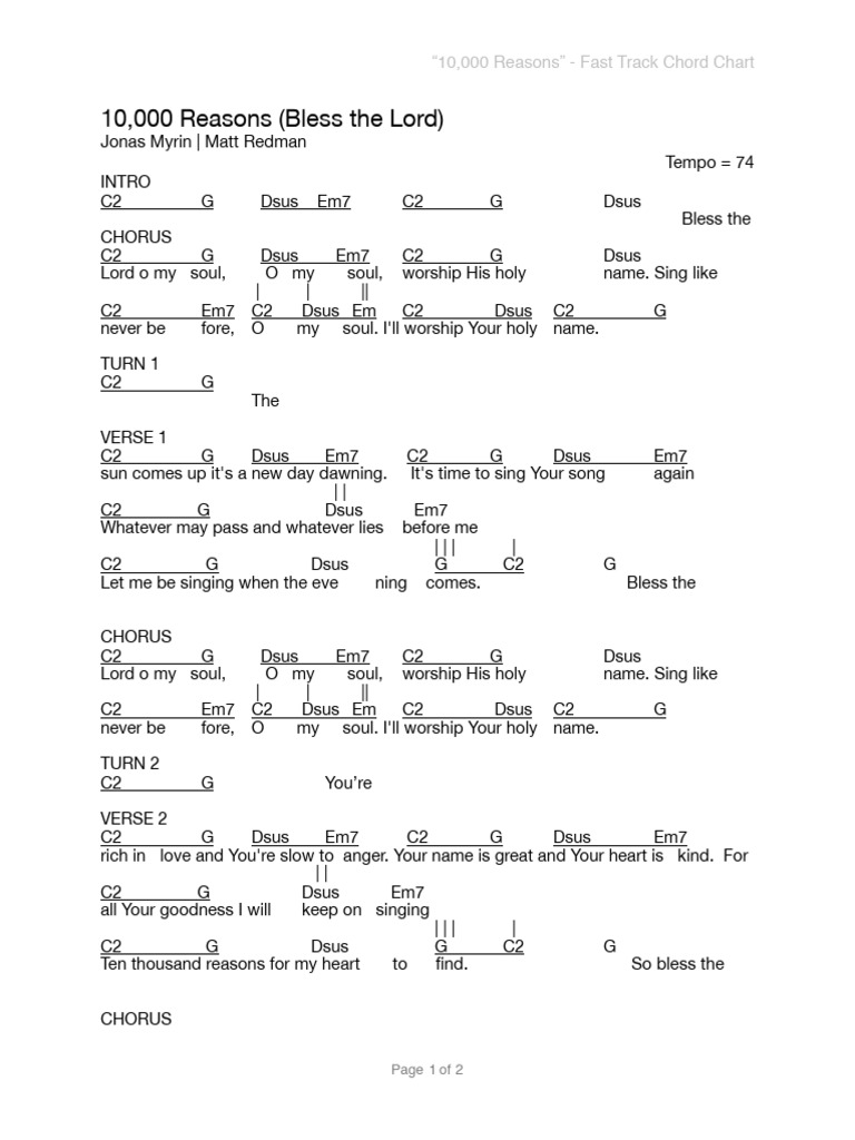 10,000 Reasons (Bless The Lord) Fast Track Chord Chart | PDF | Popular ...
