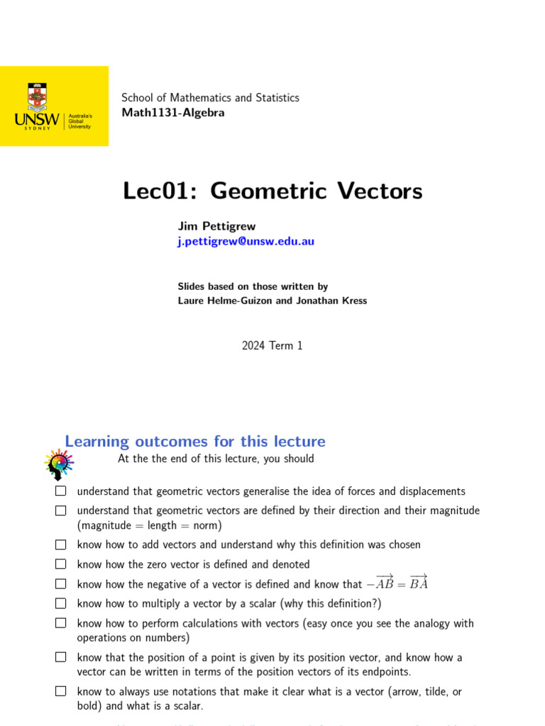 MATH1131 Algebra T1 2024 Stream C D Lecture Slides For Week 1 | PDF | Vector Space | Euclidean ...