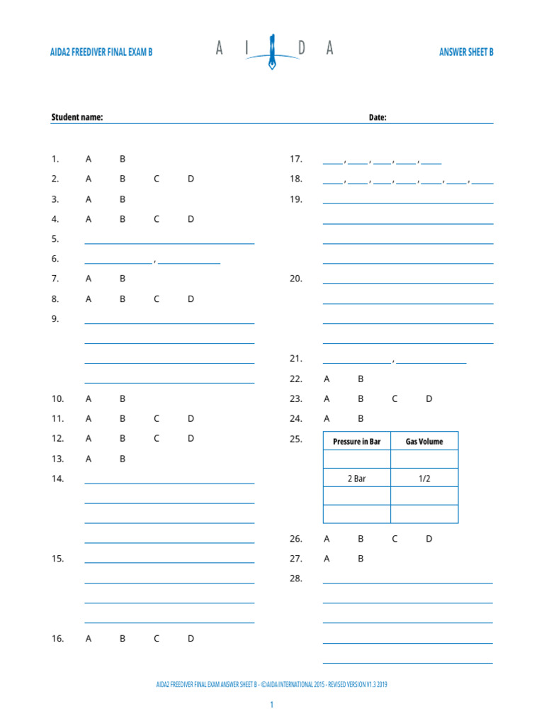 AIDA2 Final Exam AnswerSheet B | PDF | Underwater Diving Procedures ...