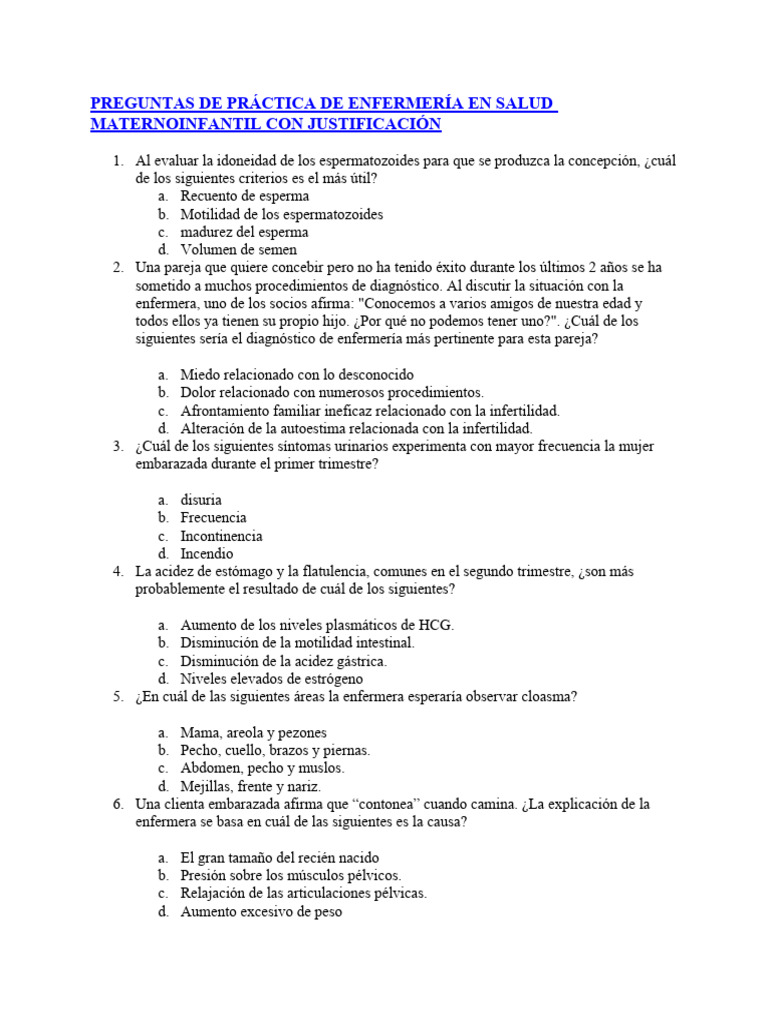Preguntas Sobre La Práctica de Enfermería de Salud Maternoinfantil Con Fundamento | PDF | El ...