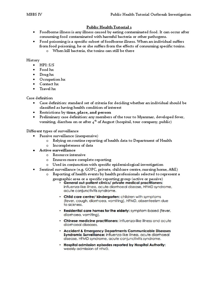Public Health - Tutorial 1 Outbreak Investigation Typhoid and Malaria | PDF | Foodborne Illness ...