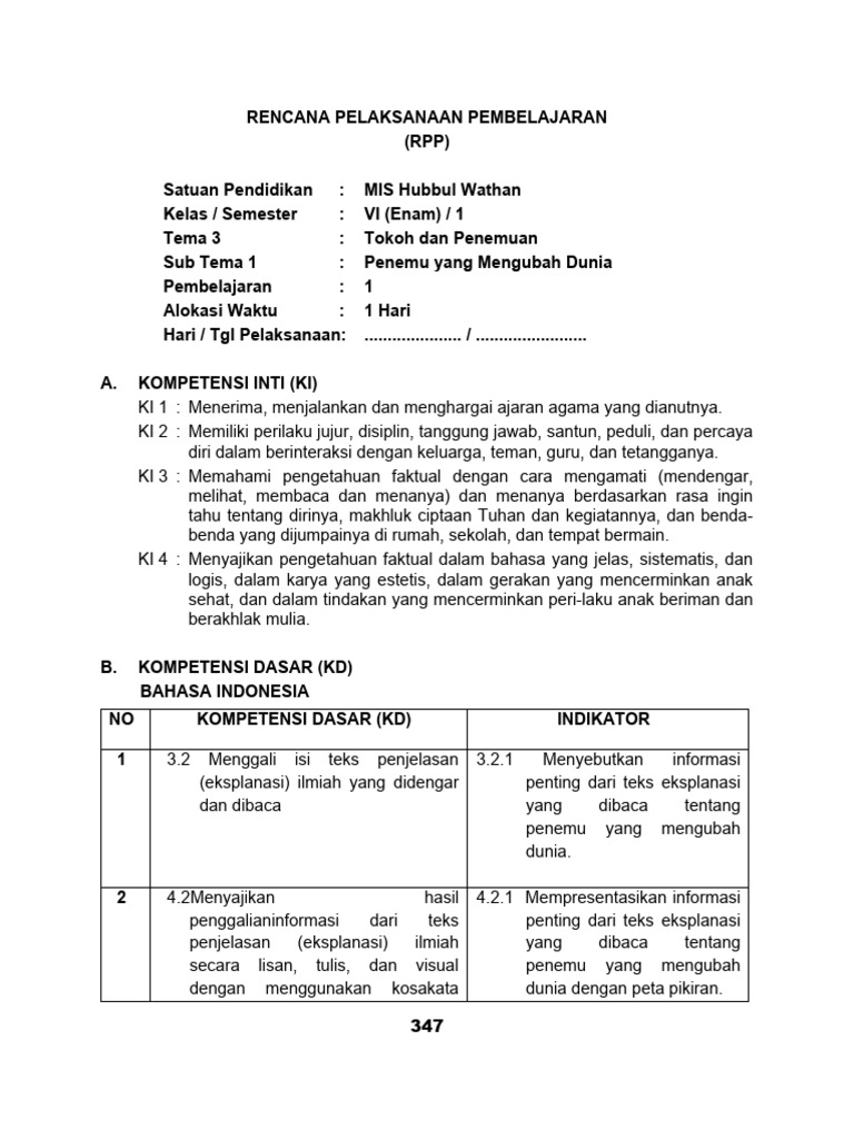 RPP Kelas Vi Tema 3 Tokoh Dan Penemuan | PDF | Sains & Matematika