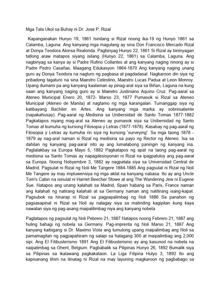 Mga Tala Ukol Sa Buhay Ni Rizal | PDF