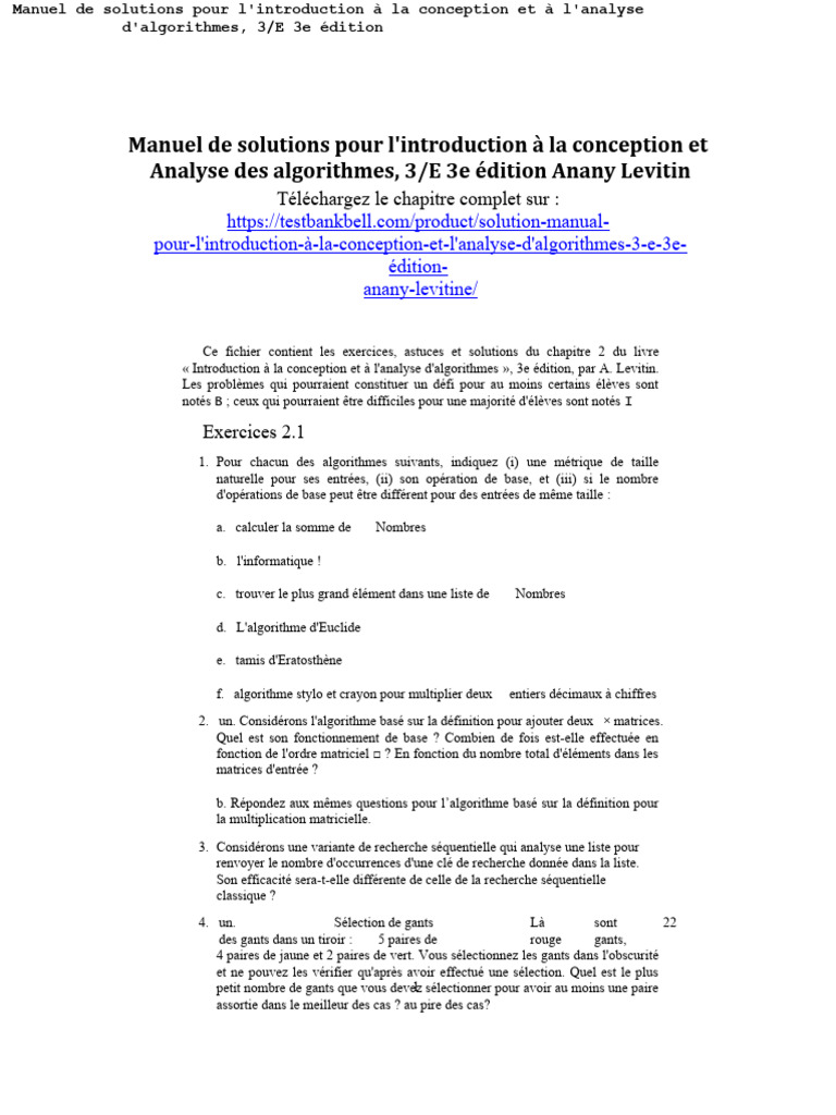 Manuel de Solutions Pour L'introduction À La Conception Et À L'analyse ...