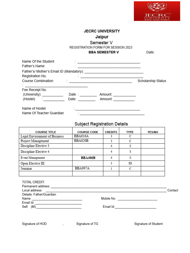 BBA Semester V Registration Form 2023 | PDF | Finance & Money Management