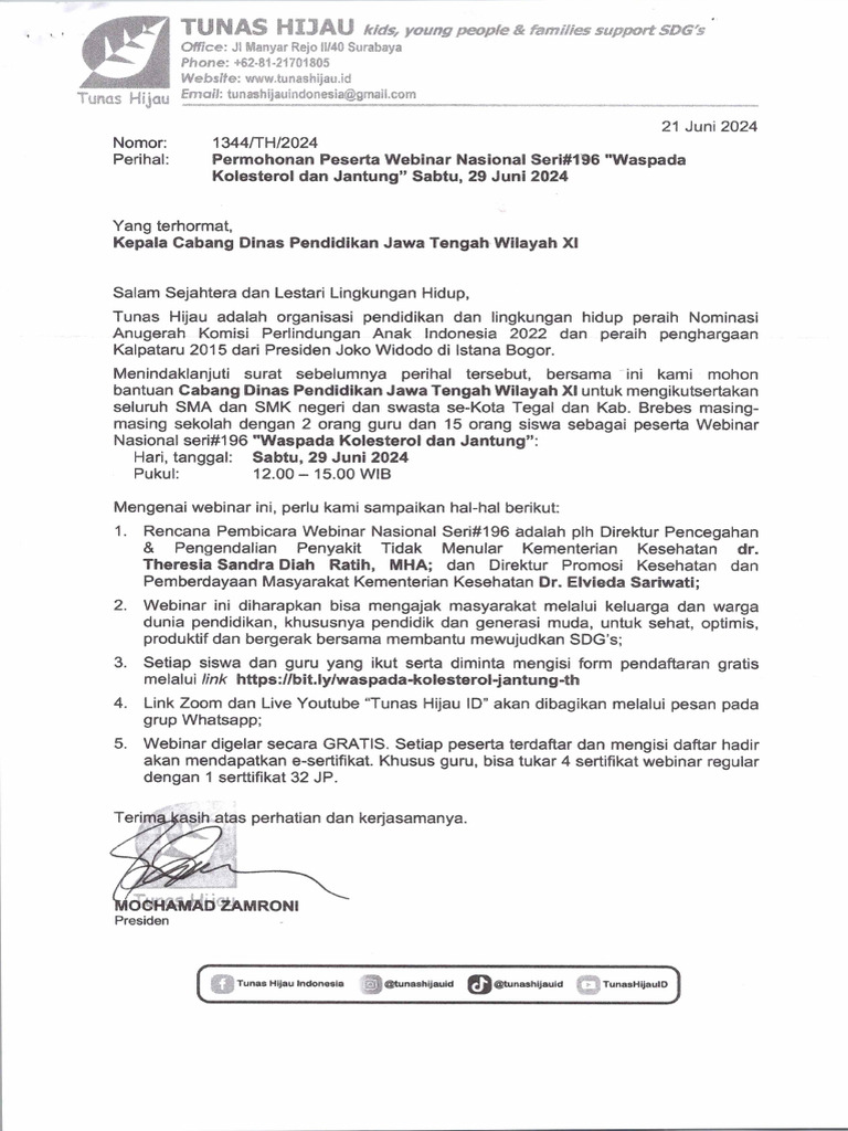 Surat Permohonan Peserta Webinar Nasional Seri 196 Waspada Kolesterol Dan Jantung | PDF