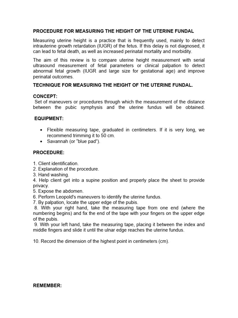 Procedure For Measuring The Height of The Uterine Fund | PDF | Prenatal ...