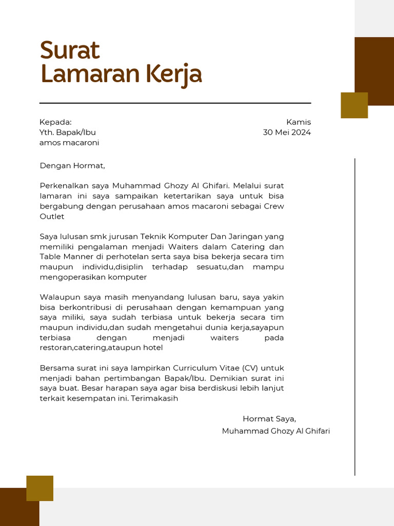 Surat Lamaran Muhammad Ghozy Al Ghifari | PDF