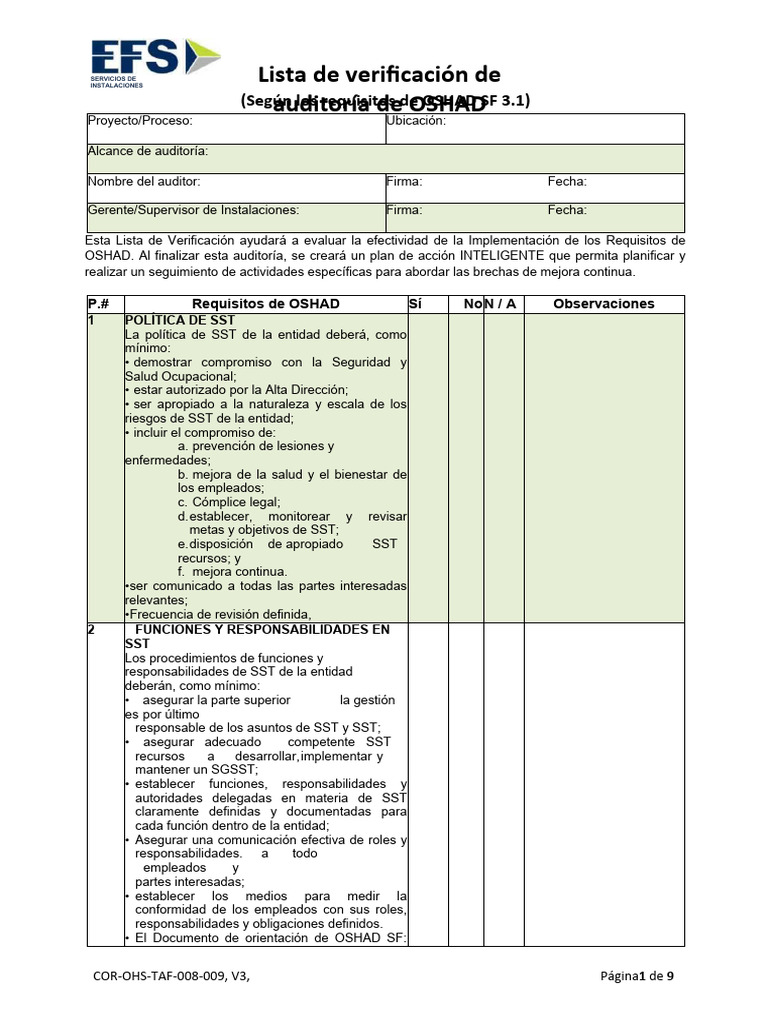 Cor-Ohs-Taf-000-000 Lista de Verificación de Auditoría de Oshad, V1 ...