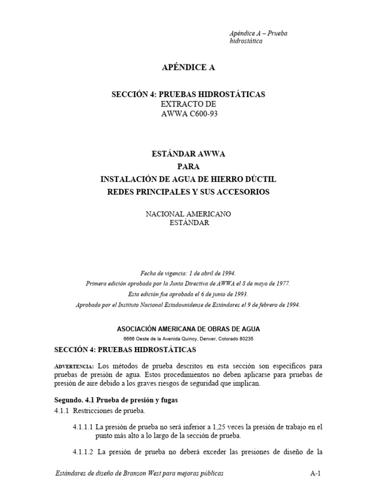 Prueba Hidrostática Awwa 600 | PDF | Presión | Ingeniería mecánica