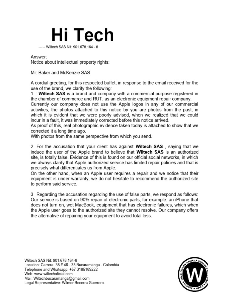 Wiltech Responds To Apple PDF Apple Inc World Wide Web