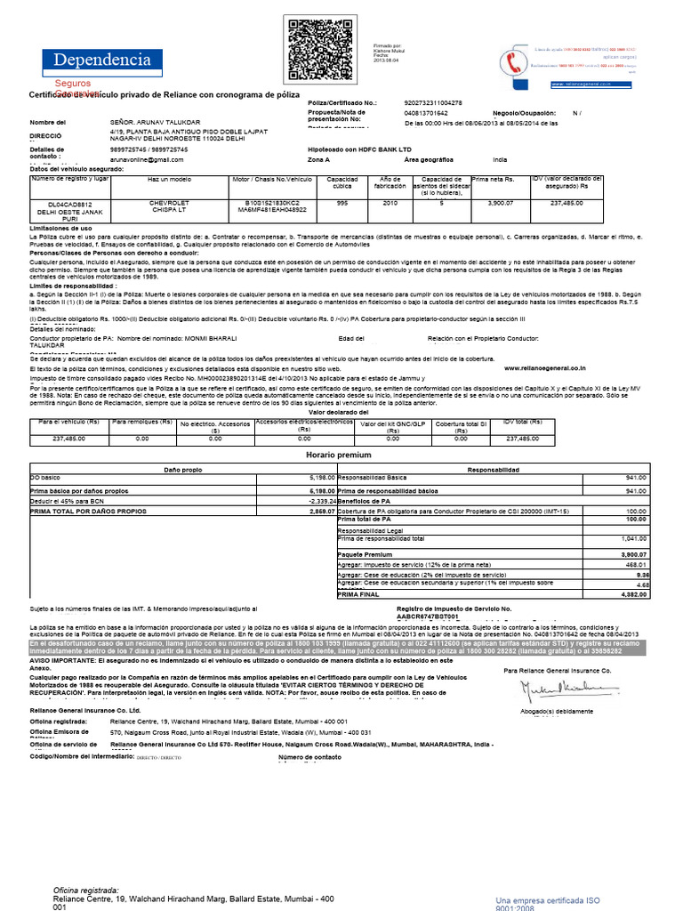 Formato de Póliza de Seguro de Vehículo | PDF | Póliza de seguros | Seguro