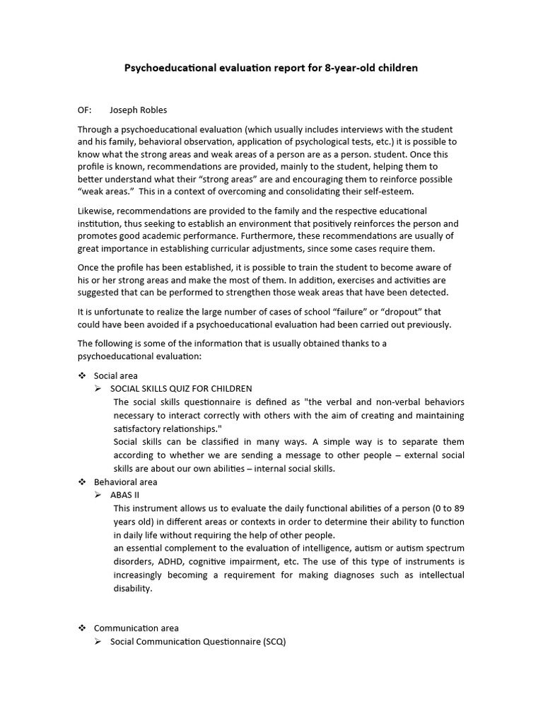 Psychoeducational Evaluation Report For 8 Year Old Children | PDF ...