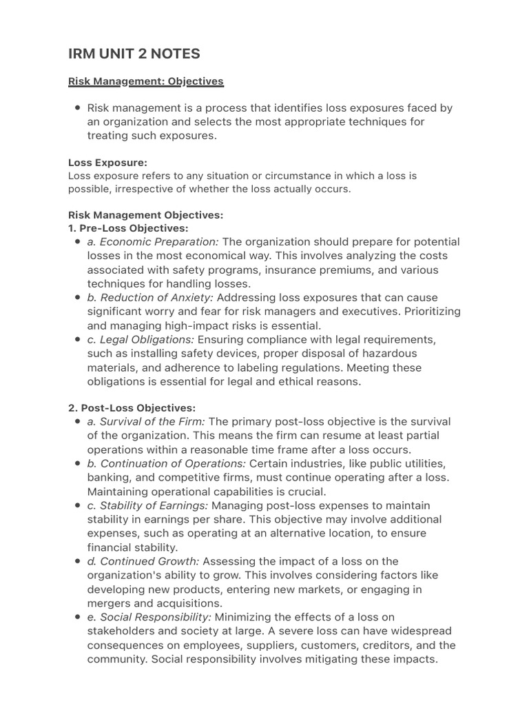 Irm Unit 2 Notes | PDF | Insurance | Risk