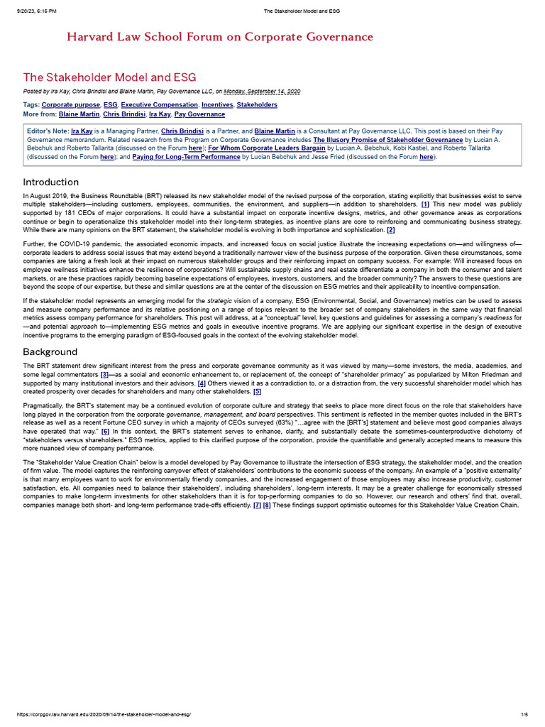 The Stakeholder Model and ESG | PDF | Incentive | Performance Indicator