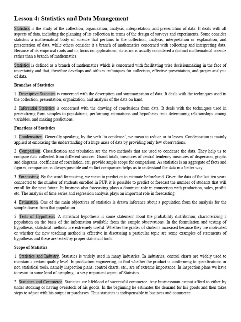MMW Lesson 4 Reviewer | PDF | Sampling (Statistics) | Statistics