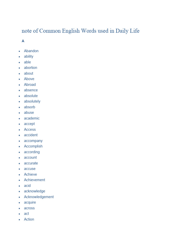 List of Common English Words Used in Daily Life | PDF