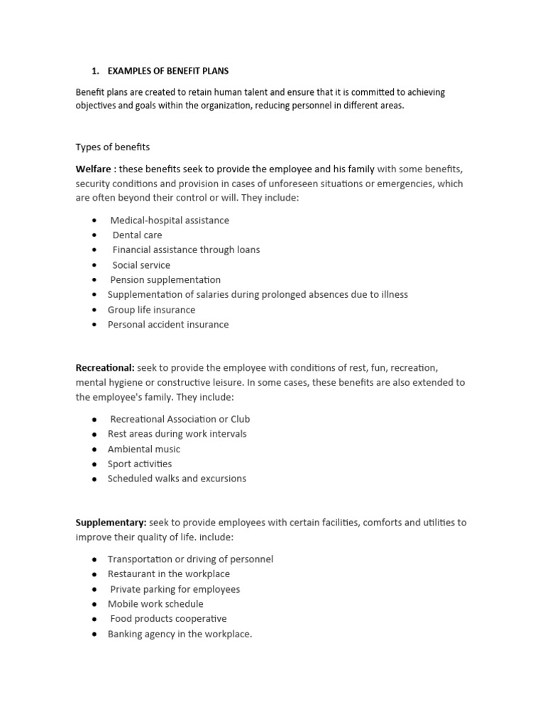 Examples of Benefit Plans | PDF | Welfare | Employment