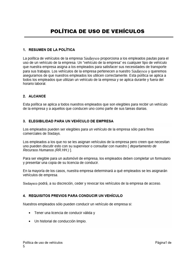 Política de Uso de Vehículos: Sixdaysco Sixdaysco | PDF | Licencia de conducir | Business