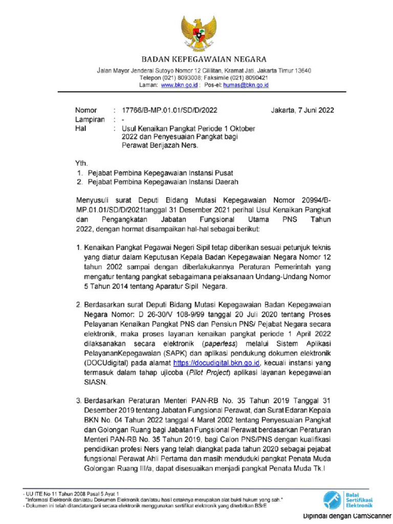 Surat Deputi Tentang KP Okt 2022 Dan Penyesuaian Pangkat Bagi PNS Dengan IJazah Ners | PDF